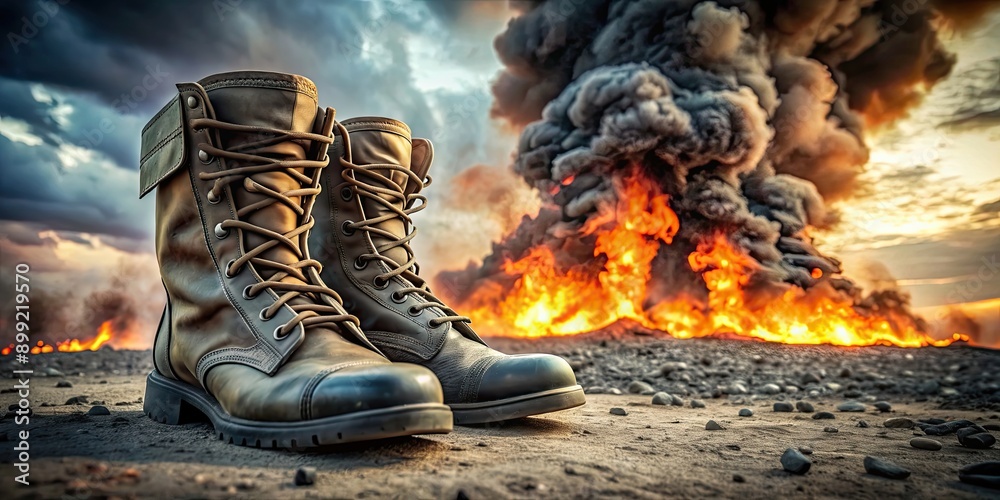 Rugged military boots among fiery explosions and smoke on the battlefield , military, boots ...