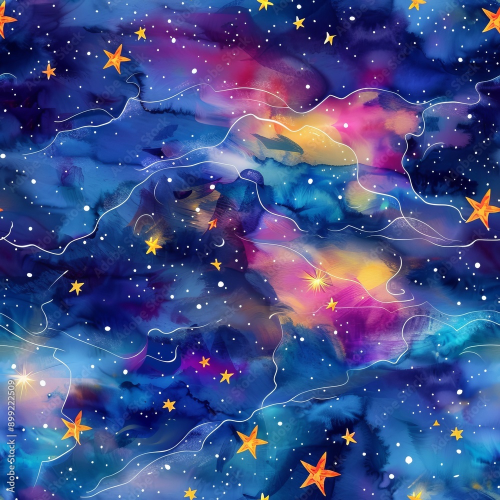 Watercolor shooting stars in a seamless pattern, showcasing dynamic ...