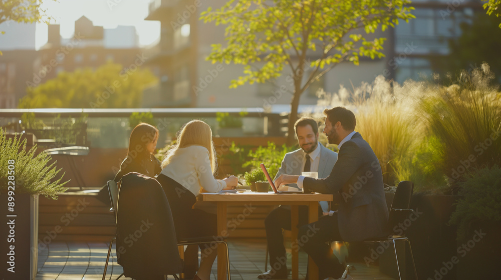Business professionals having discussions or working on laptops in ...