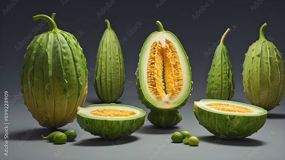 A range of stylistic variations of bitter melon, from a minimalist line ...