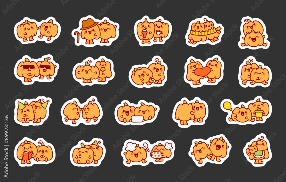 Funny couple pumpkin cartoon characters. Sticker Bookmark. Cute food ...