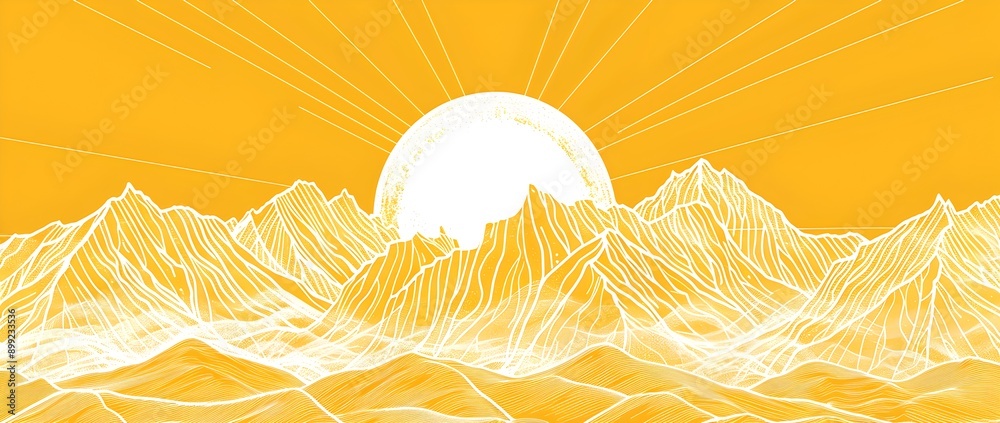 A yellow sun is setting behind the mountains in a simple line drawing ...
