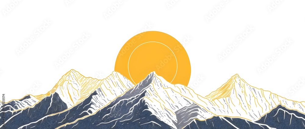 A yellow sun is setting behind the mountains in a simple line drawing ...