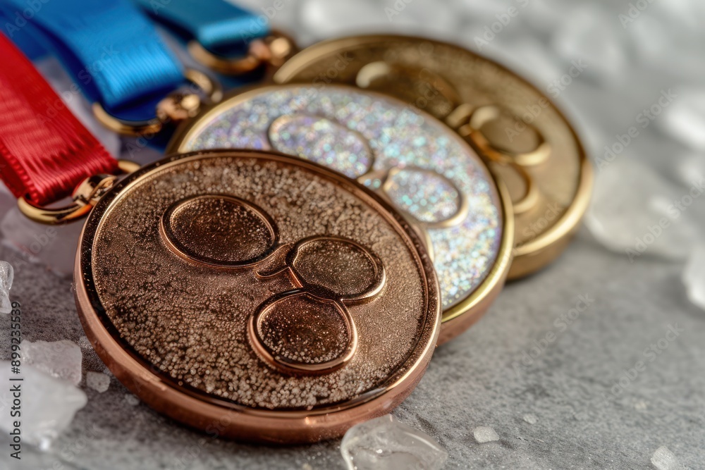 Olympic Medals on Glossy Ice: - Perspective View Photography with Blue ...