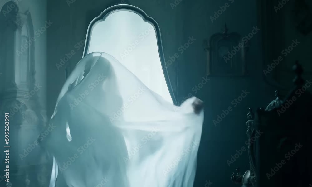 Eerie ghostly figure shrouded in white fabric, appearing in a dimly lit ...
