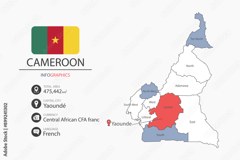 Cameroon map infographic elements with flag of city. Separate of ...