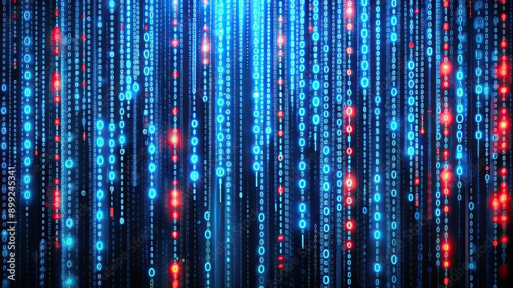 of blue matrix code structure with red dangerous code lines, waves ...