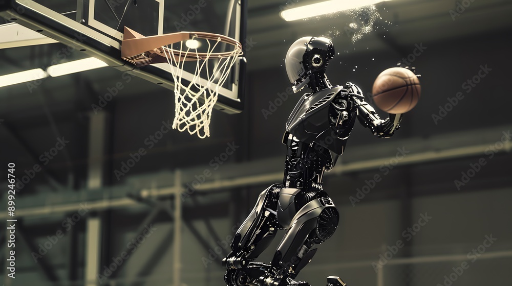 Robot Basketball Player Dunking: A sleek robot leaping into the air to ...