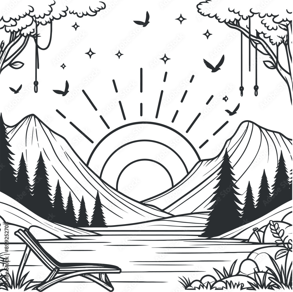 Beautiful relaxing landscape with mountain river and tree coloring book ...