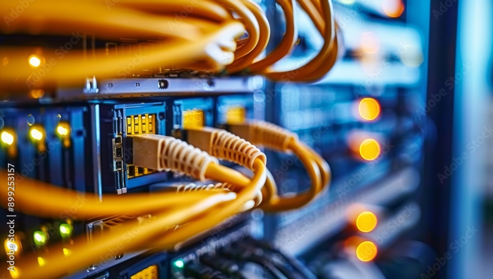 Yellow Network Cables Connected To Server Boxes In An Office Information Technology Computer