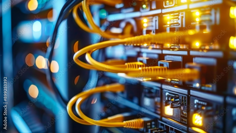 Yellow network cables connected to server boxes in an office ...