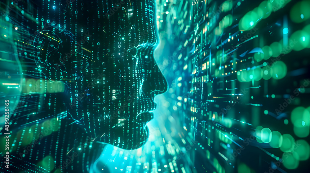 Abstract conceptual art piece depicting an obscured hacker figure surrounded by glowing digital ...