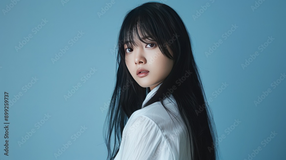 Stunning Korean girl, half body portrait, long black hair, bangs, white ...