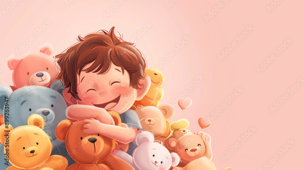 Smiling Child with Stuffed Animals Playful Scene. The image portrays a ...