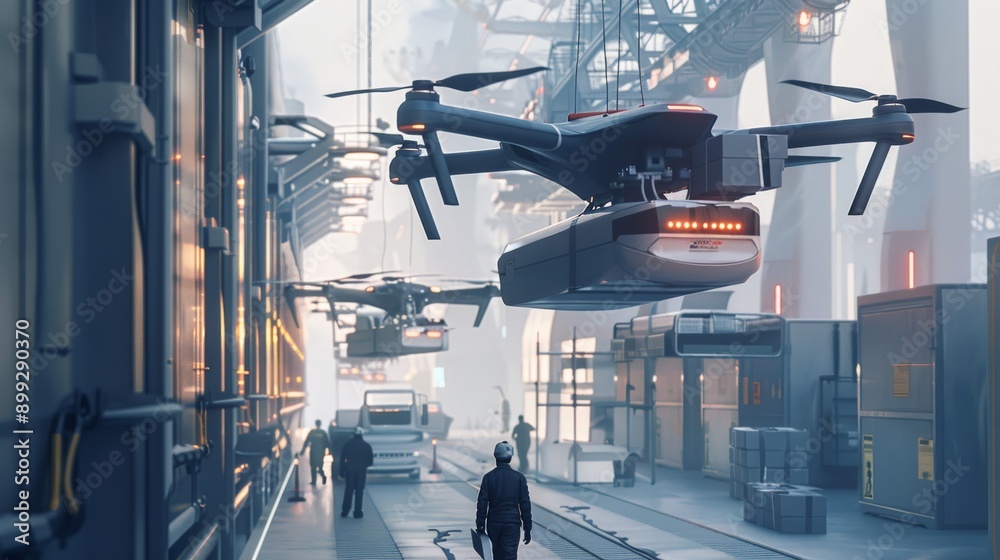 Cutting-edge drone delivery hub with drones in flight and personnel ...
