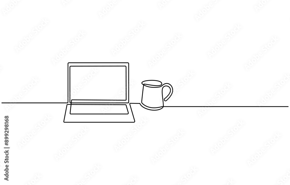 Vetor de One line drawing of laptop gadget, continuous single line ...