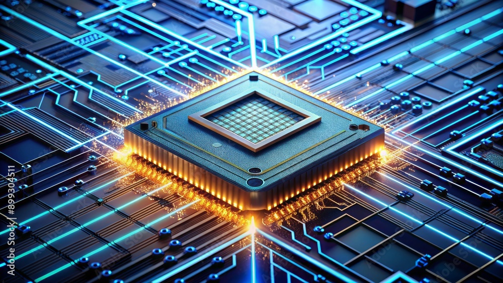 High-tech futuristic microchip layout with metallic grids and wires ...