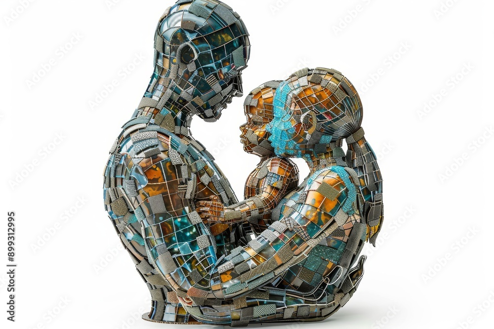 Detailed digital sculpture of two robotic figures in an embrace ...