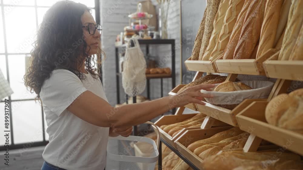 Woman shopping bread in a bakery, surrounded by fresh loaves, wearing ...