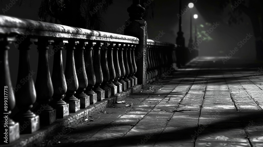 Eerie empty street at night with dramatic shadows from streetlights ...