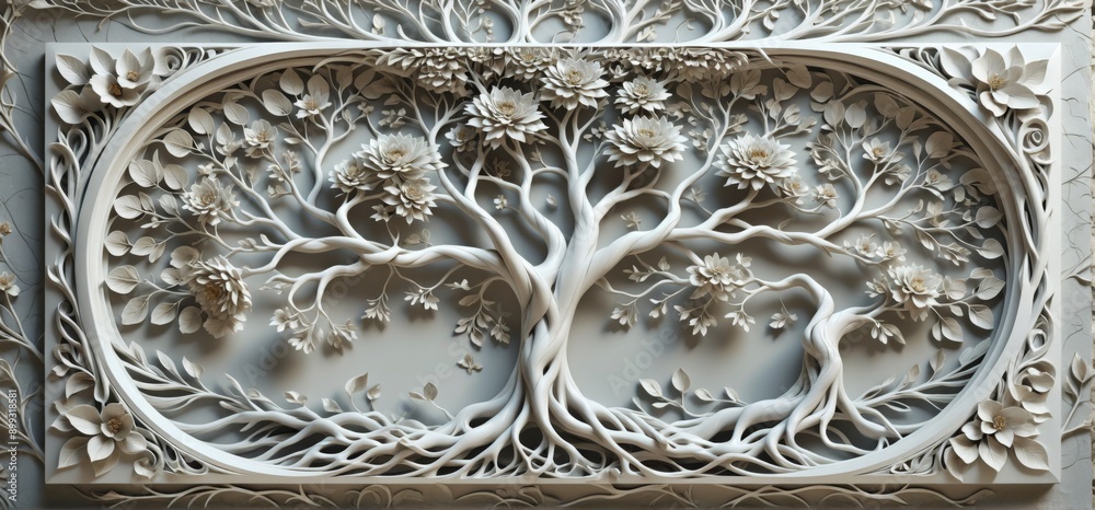 3D rendering white wall panel tree design it is center branches Stock ...