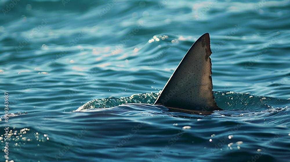 The fin of a shark protruding from the water. Stock Photo | Adobe Stock