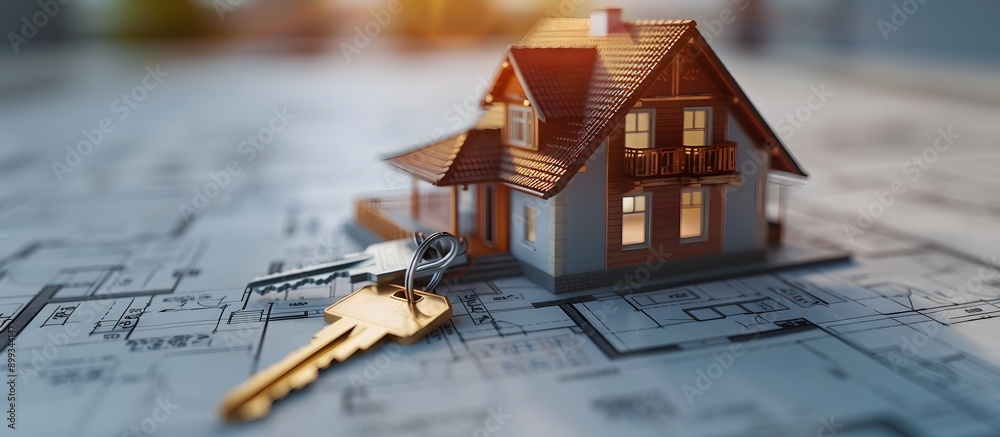 house model and house key lying on the floor plan construction plan ...