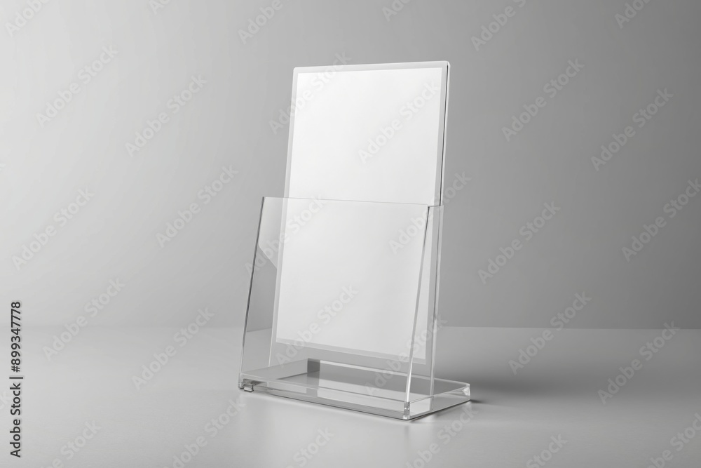 Isolated transparent glass plastic holder showcasing a blank flyer ...