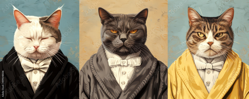 Three cats dressed in formal attire, each wearing a unique tuxedo ...