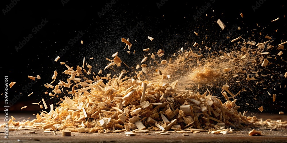 Explosion of fine wood chips on black background , Splinter, fragments ...