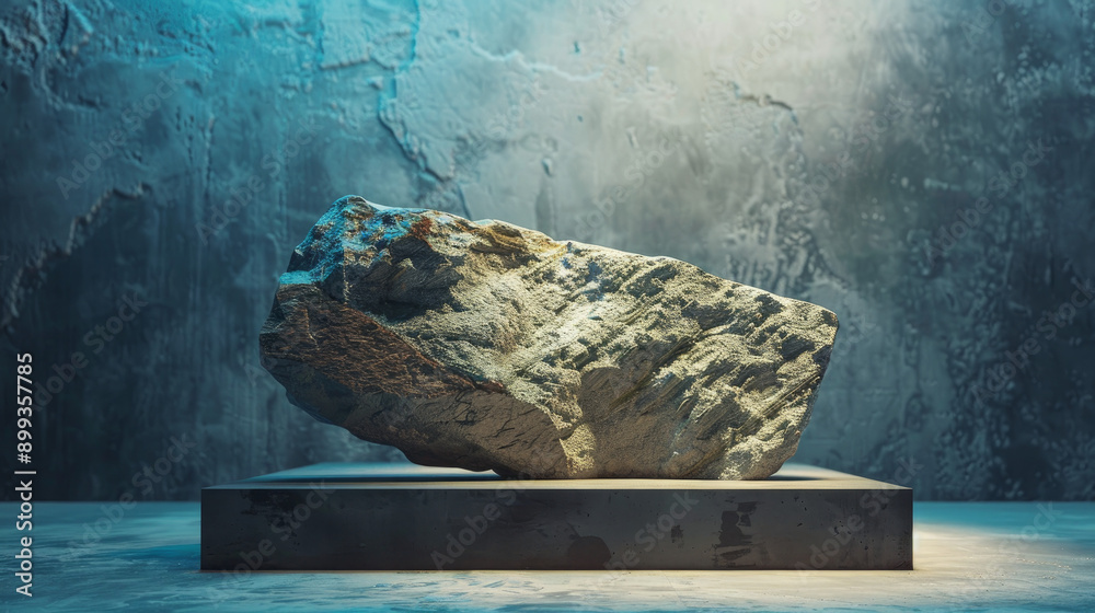 Product display stand made of rock in a studio with blue light and wall ...