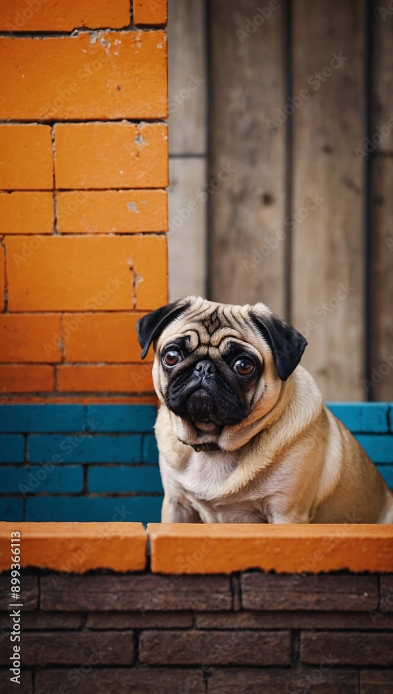 Orange block with pug Funny pug peeking out in a vibrant, horizontal ...
