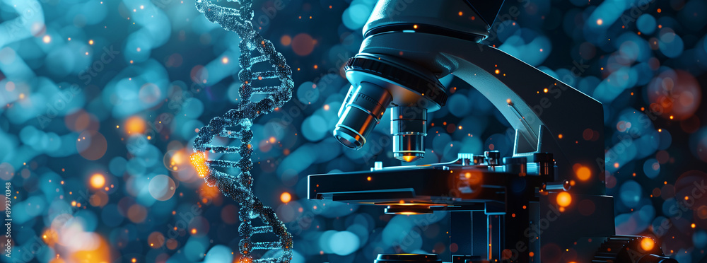 A microscope and DNA helix in an advanced laboratory setting, with ...