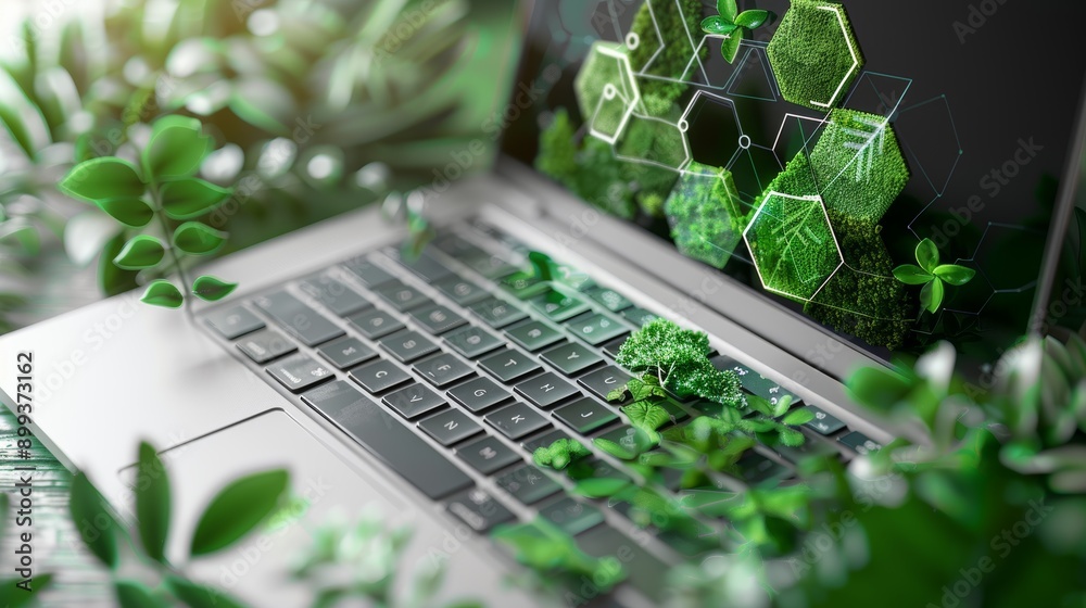 A symbolic illustration of a laptop with a green, leafy keyboard ...