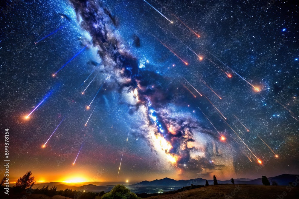 Celestial display of vibrant meteor shower illuminates the dark night ...