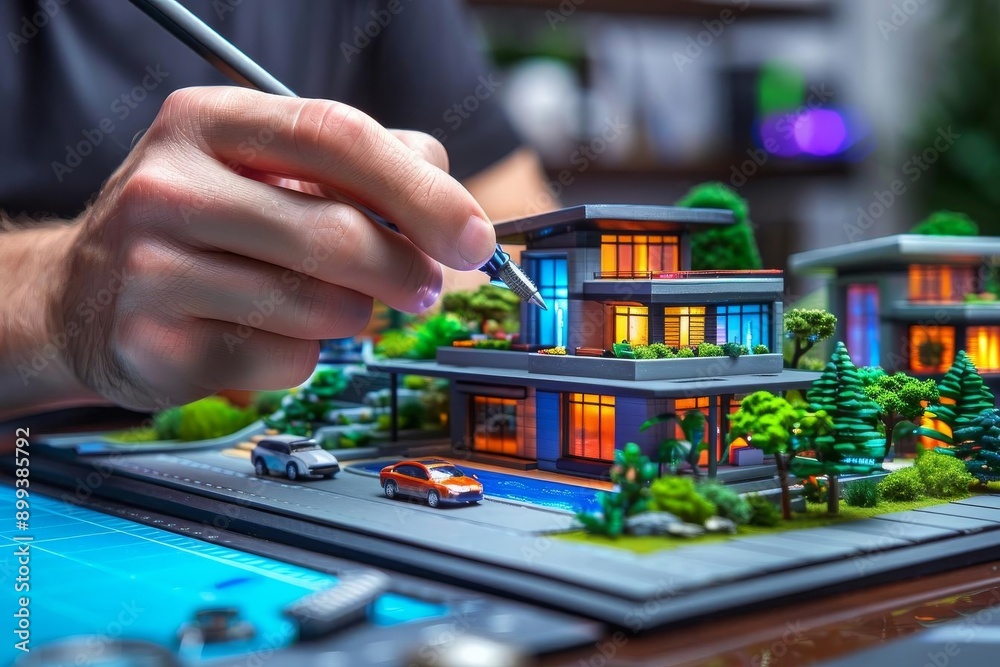 Hand painting a detailed architectural model of a modern house with ...