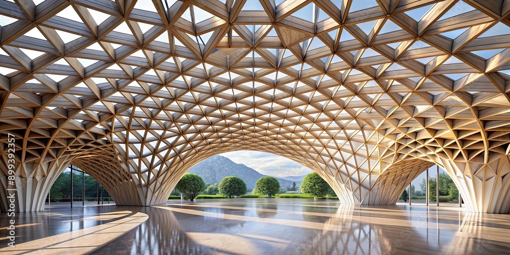 Interior view of a modern parametric pavilion with geometric design ...