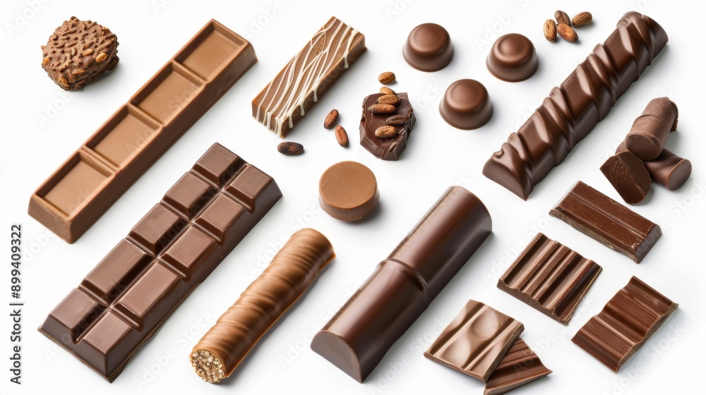 Various forms of chocolate models, including bars, squares, and ...