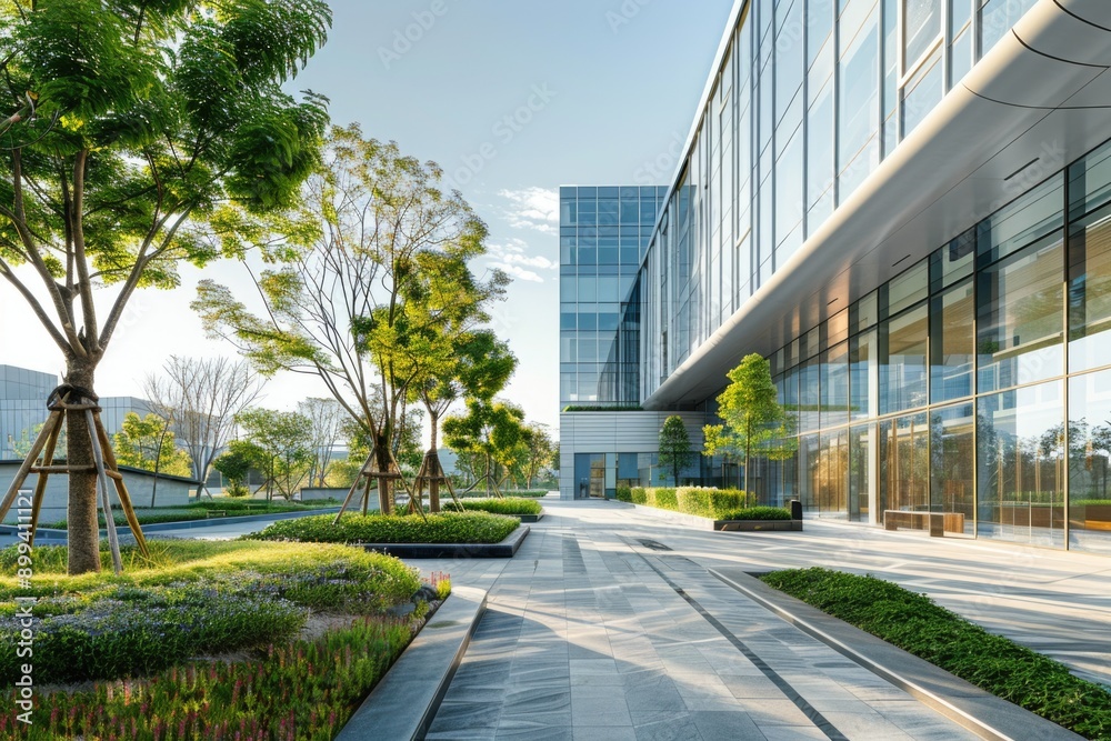 Modern Hospital Exterior with Lush Landscaping and Glass Façade ...