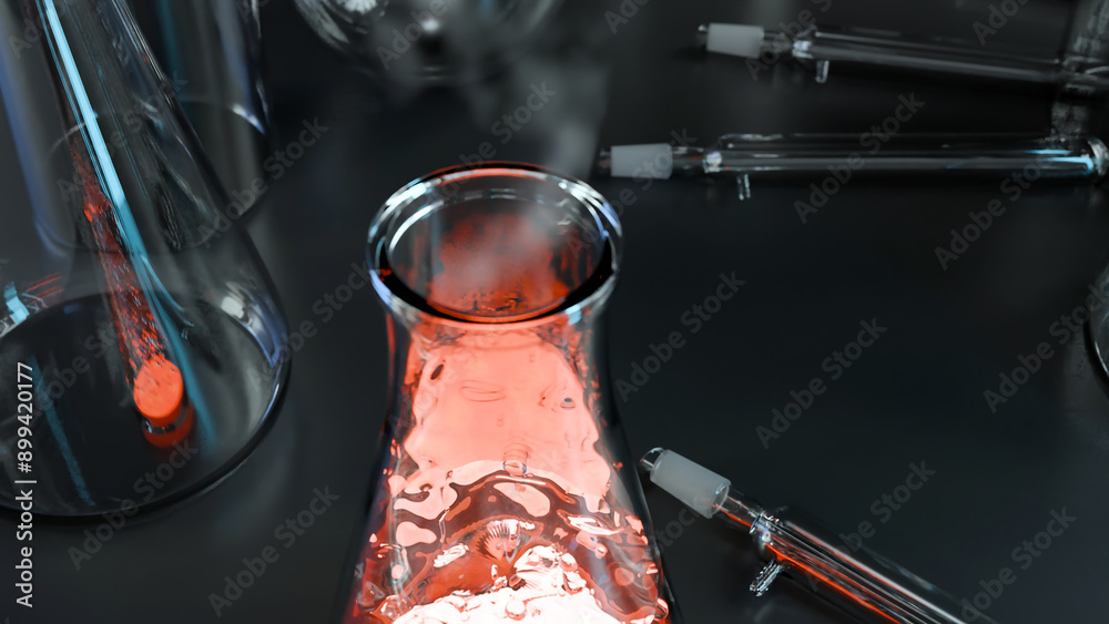 Glass Erlenmeyer with boiling liquid, water starts to Boil in a ...