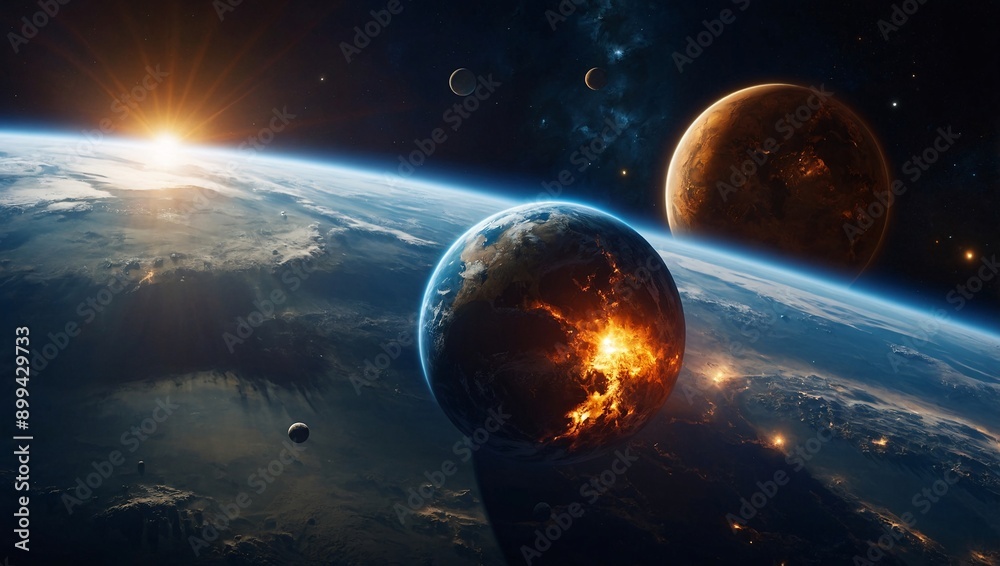 Planet Earth in space, glowing sun, blue nebula, dark outer space ...