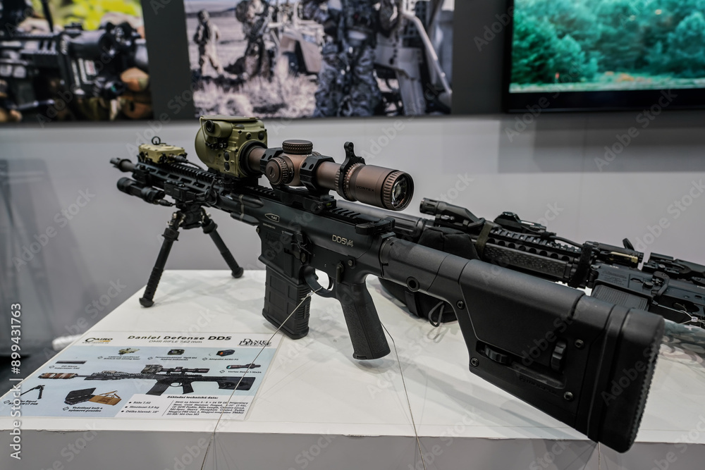Brno, Czechia - October 08, 2021: Modern designated marksman rifle ...