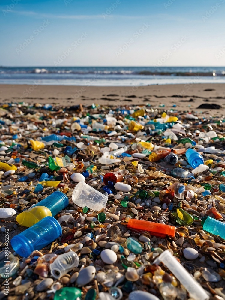 Plastic waste on sand and pebble beach, global pollution crisis Stock ...