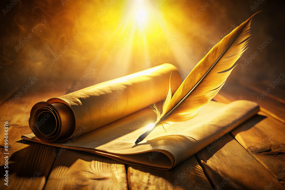 Ancient parchment scroll unfurls, quill pen poised, illuminated by soft ...
