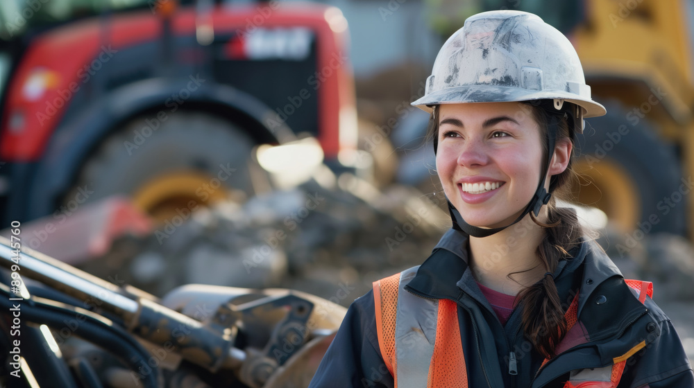 Energetic Female Construction Worker Operating Skid Steer Loader at ...
