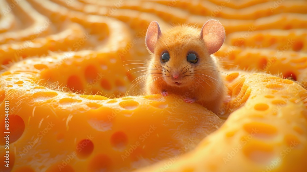 A 3D cartoon character of a peach fuzz-colored mouse exploring a giant ...