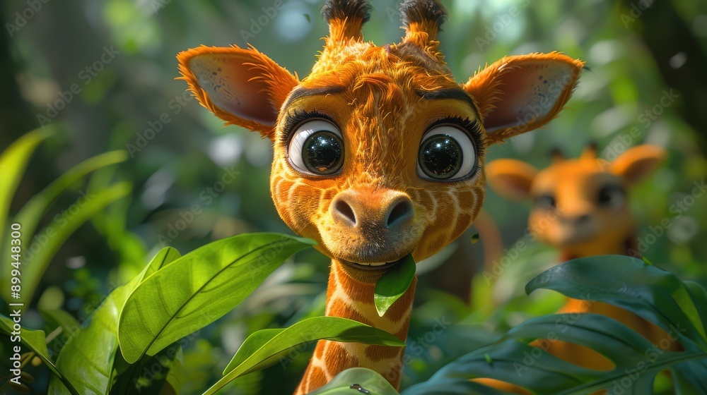 A 3D cartoon depiction of a peach fuzz-colored giraffe reaching for ...