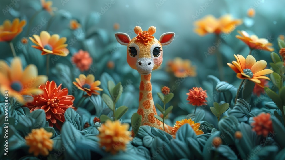 A 3D cartoon depiction of a peach fuzz-colored giraffe reaching for ...