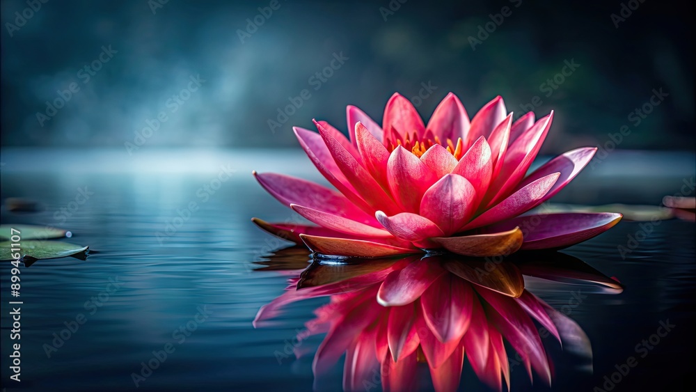 Beautiful red lotus flower floating gracefully on dark water background ...