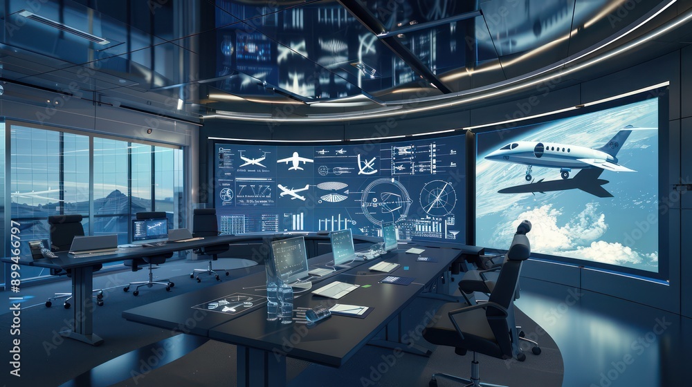 high-tech virtual meeting room for aerospace engineers, with screens ...